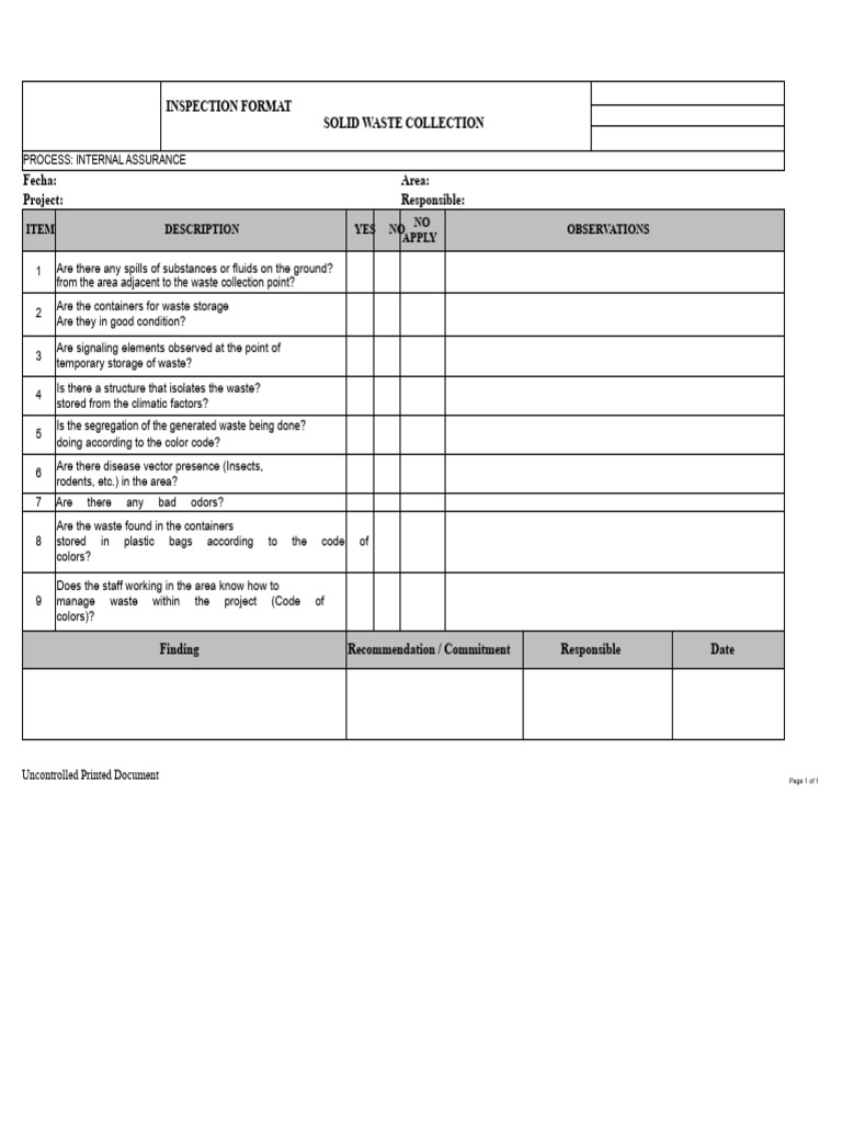 Solid Waste Collection Inspection Checklist | PDF