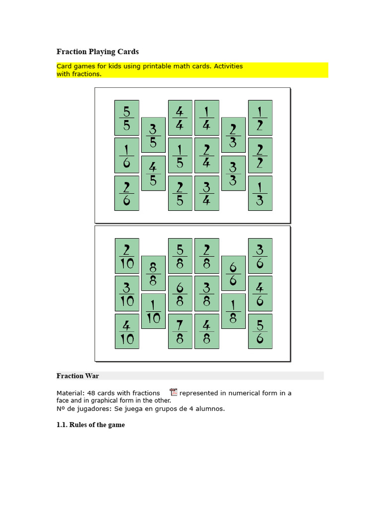 Fraction Card Deck - Games and Instructions | PDF | Arithmetic ...