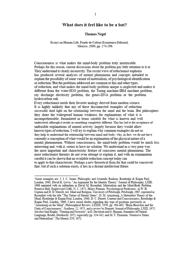 What It Feels Like To Be A Bat - Nagel 1 | PDF | Experience | Reductionism