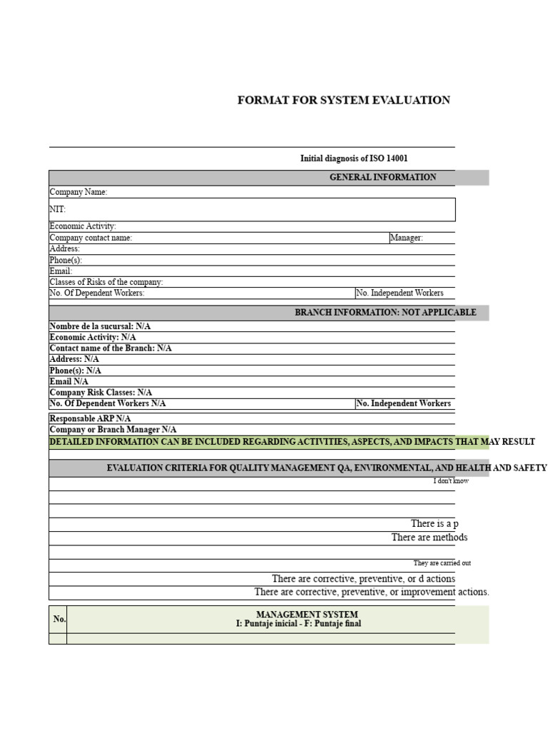 ISO 14001 System Evaluation Template | PDF | Information | Evaluation