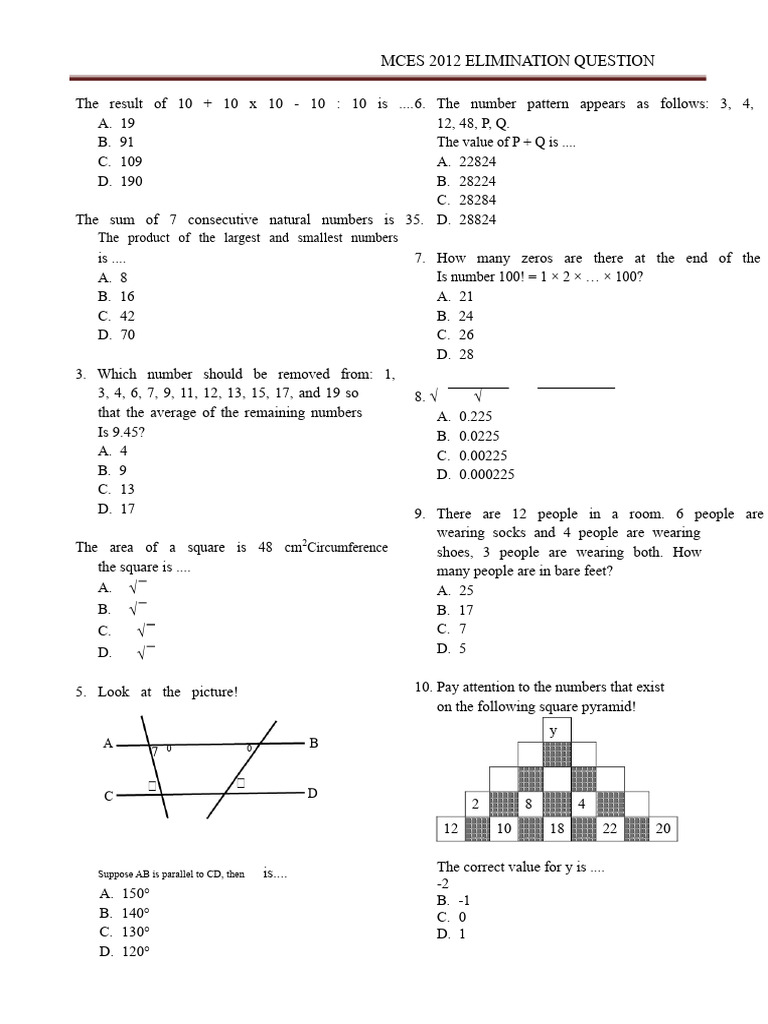 MCES 2012 Math Elimination Questions | PDF | Mathematics | Numbers