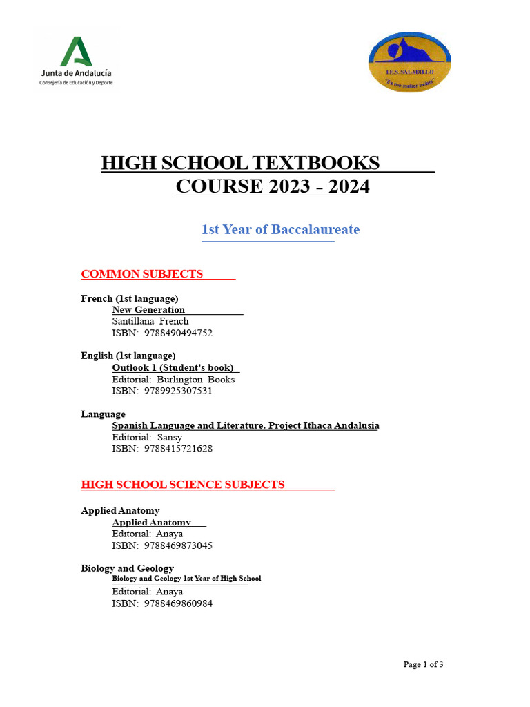 2023-2024 High School Textbooks List | PDF | Bachelor's Degree