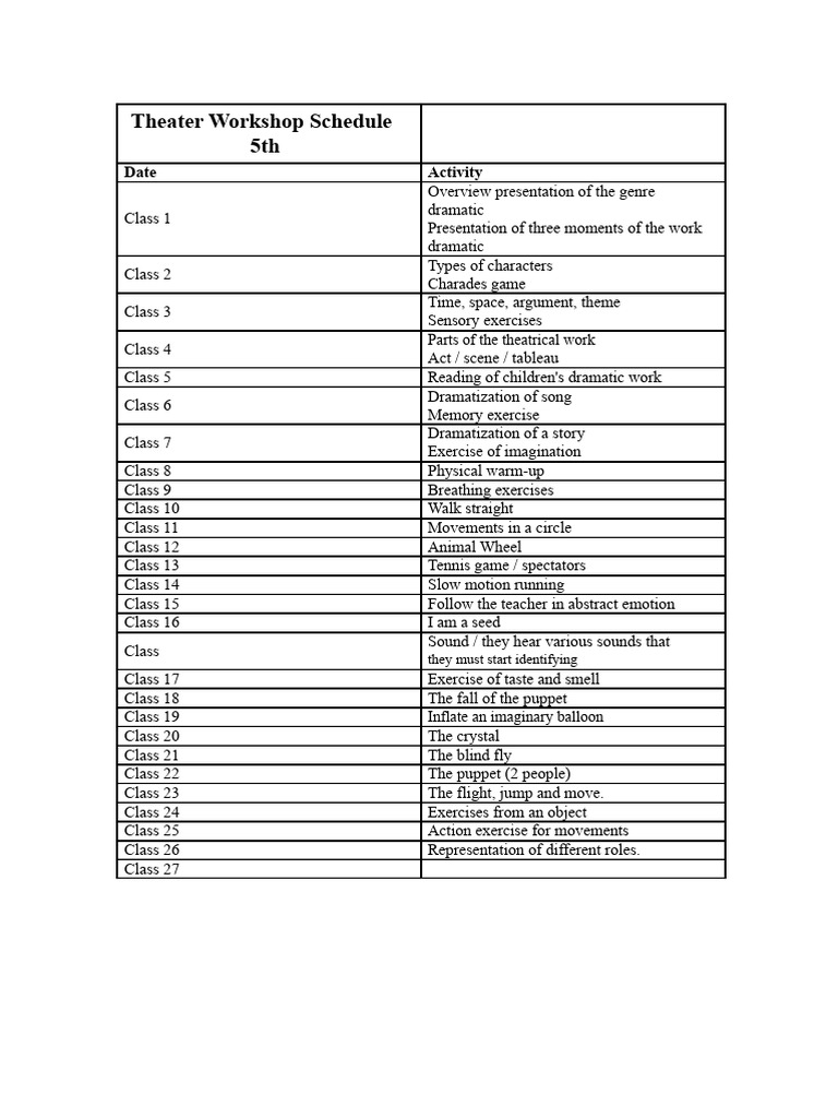 Theater Workshop Schedule 5th Graders | PDF