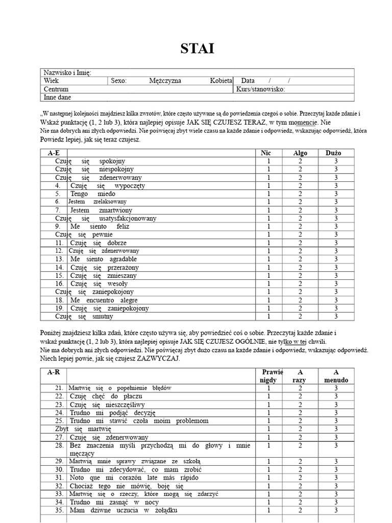 STAI - Arkusz Odpowiedzi PDF | PDF