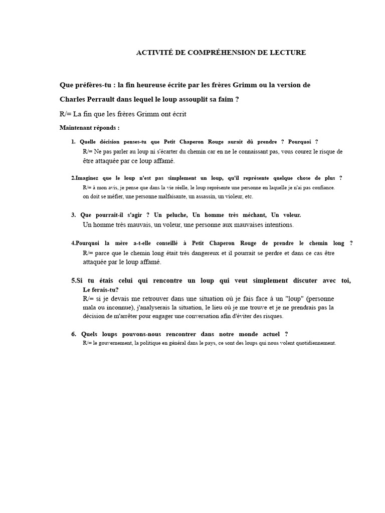 Compréhension de "Petit Chaperon Rouge" | PDF