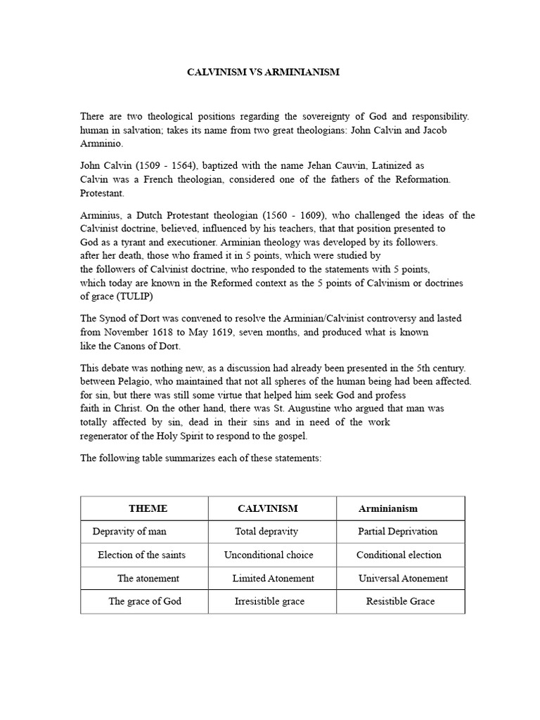 Calvinism Vs Arminianism | PDF | Arminianism | God In Christianity
