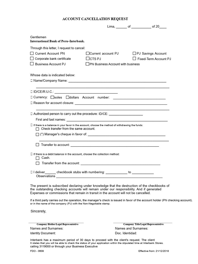 Account Cancellation Form | PDF | Cheque | Transaction Account