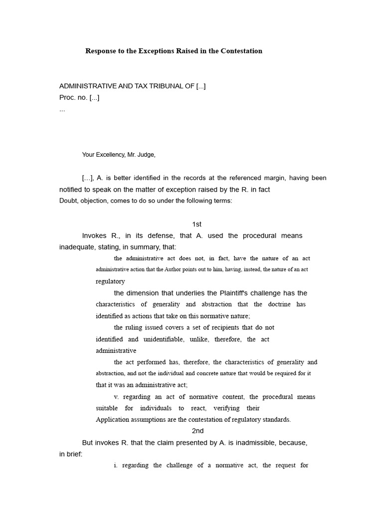 Response To The Exceptions Raised in The Context of The Contestation ...