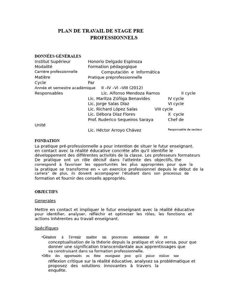 Plan de travail pour stage pré-professionnel | PDF | Apprentissage ...