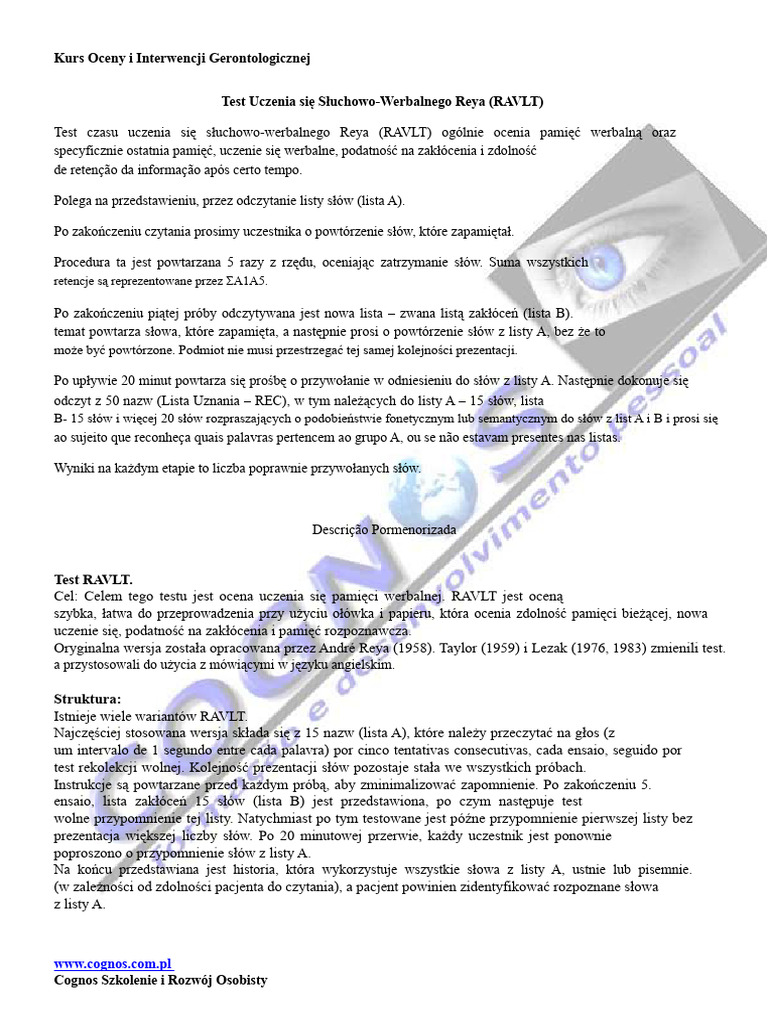 Test Auditory-Verbal Learning of Rey RAVLT PDF | PDF