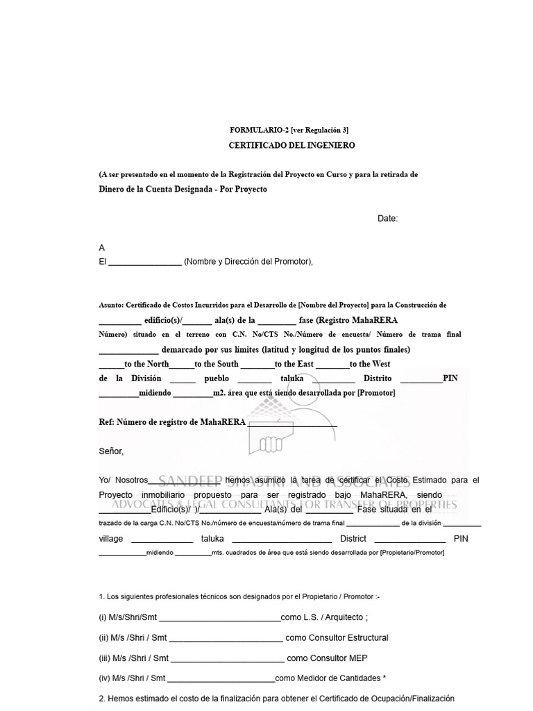 Rera-Form-2-Certificado Del Ingeniero | PDF