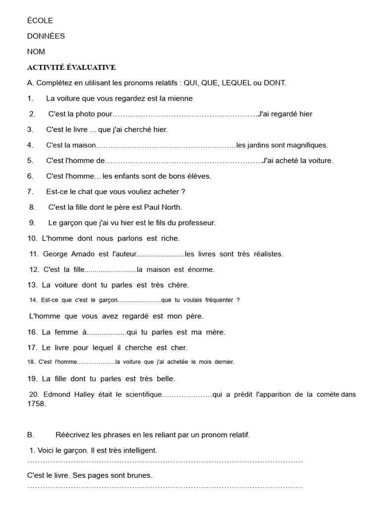 Exercices sur les pronoms relatifs en français | PDF