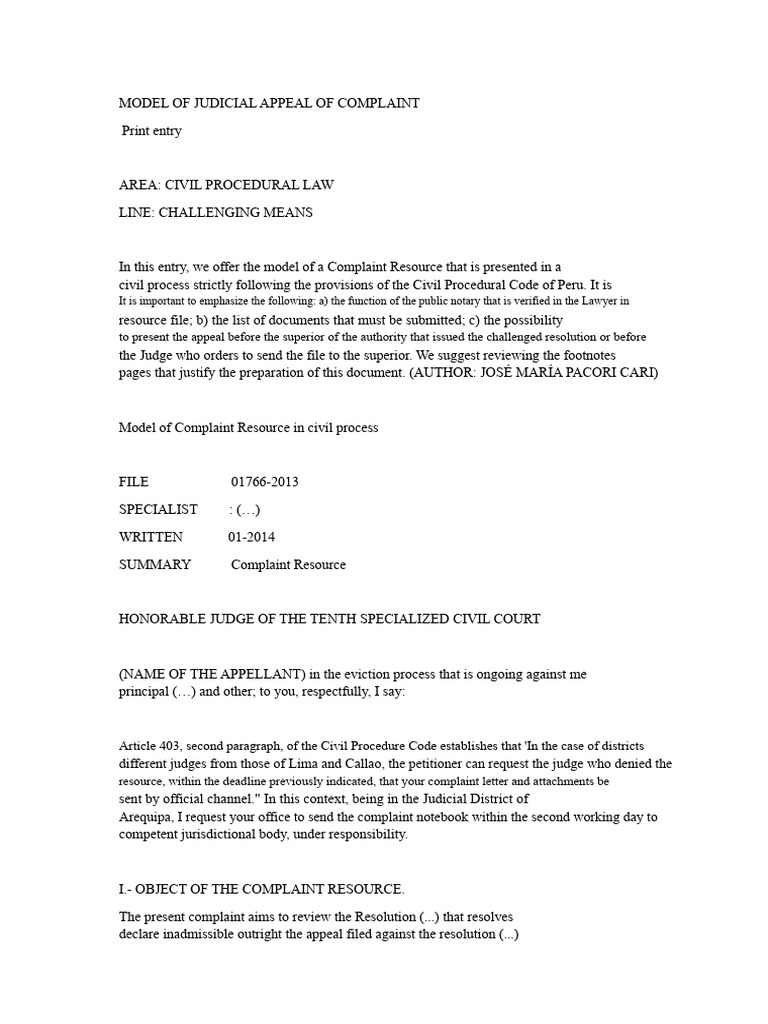 Model of Judicial Complaint Resource | PDF | Complaint | Appeal