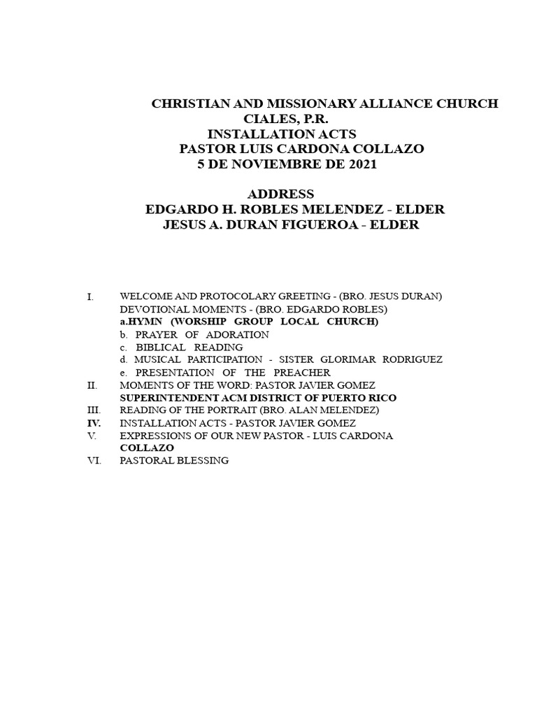 Pastor Installation Program 2021 PDF | PDF