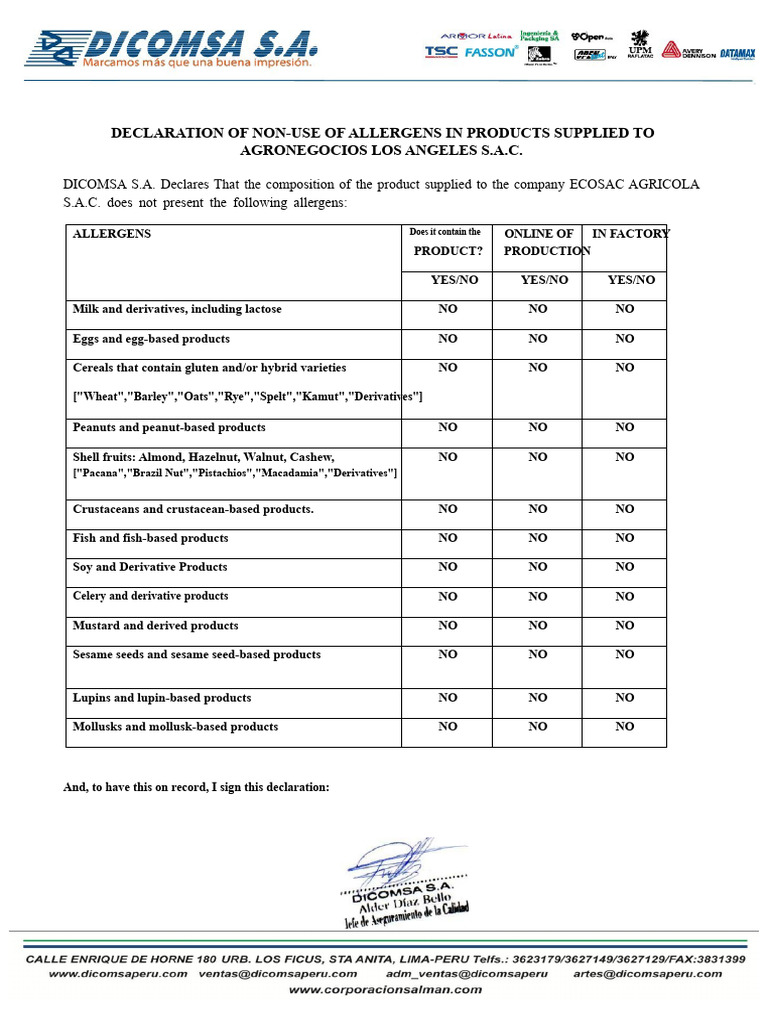 Allergen-Free Declaration | PDF