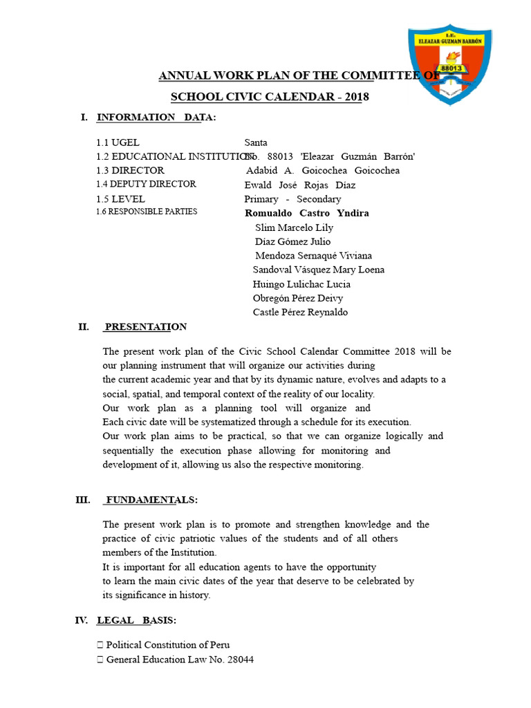 Annual Work Plan of The Civic Calendar Committee 2018 | PDF