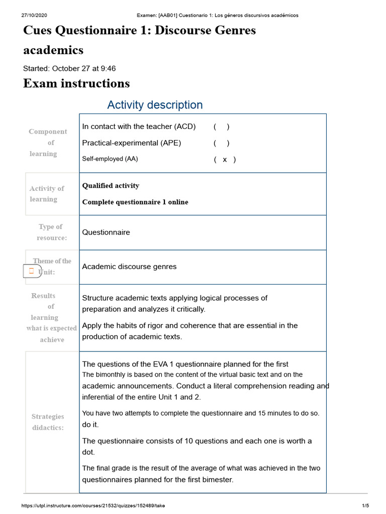 Exam (AAB01) Questionnaire 1: Academic Discourse Genres | PDF | Reading ...