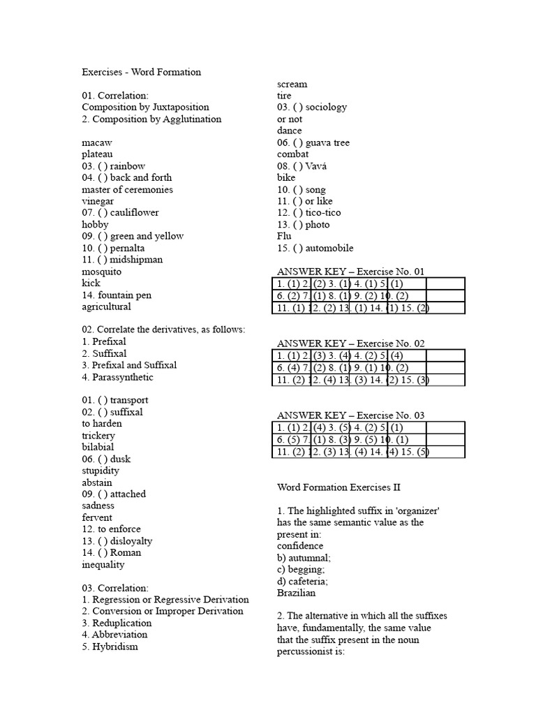 Word Formation Exercises and Answers | PDF | Word | Linguistics