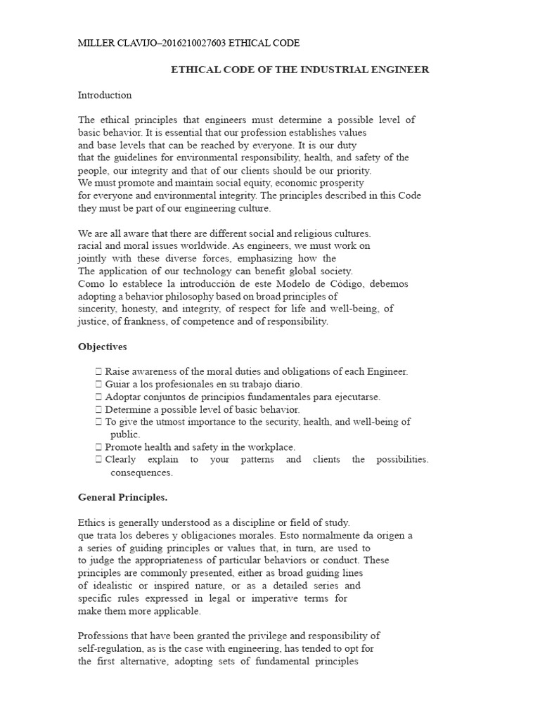 Code of Ethics For Industrial Engineers | PDF | Integrity | Well Being