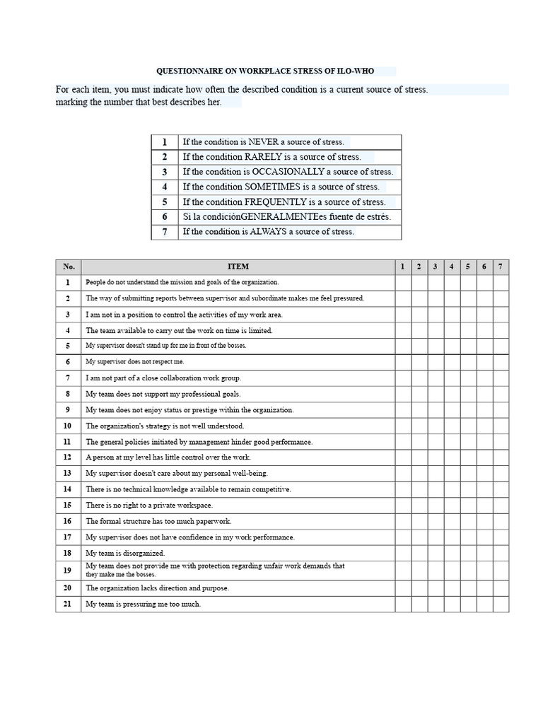 Workplace Stress Questionnaire ILO-WHO | PDF | Occupational Stress ...