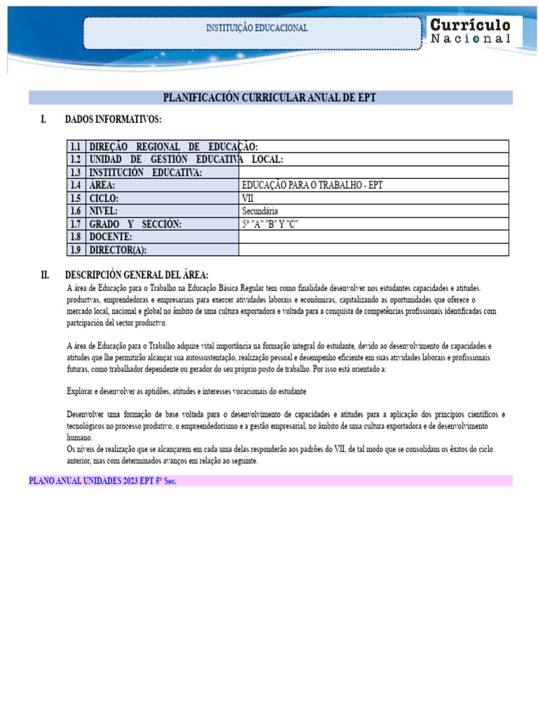 Plano Anual EPT 5° Secundária 2023 | PDF | Aprendizado | Sustentabilidade