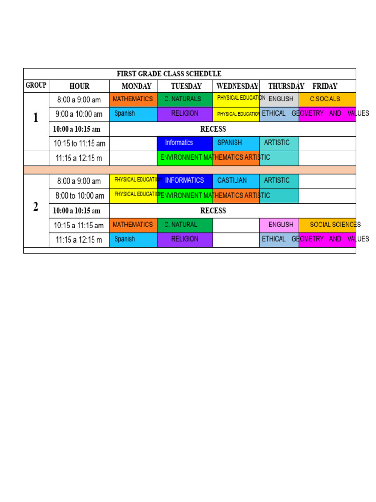 First Grade Weekly Class Schedule | PDF