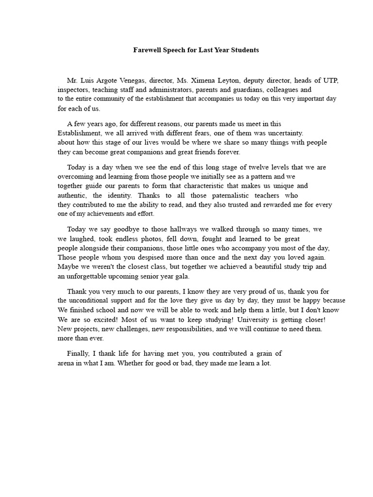Farewell Speech for Graduating Students | PDF