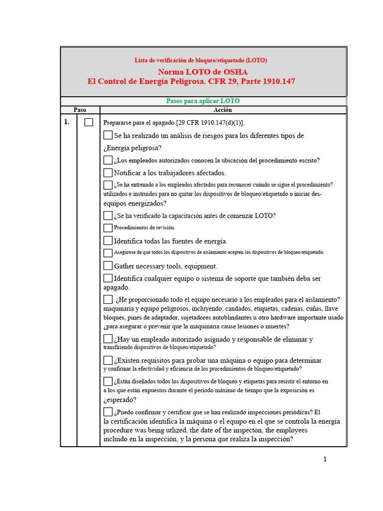LOTO Checklist | PDF | Administración de Seguridad y Salud Ocupacional