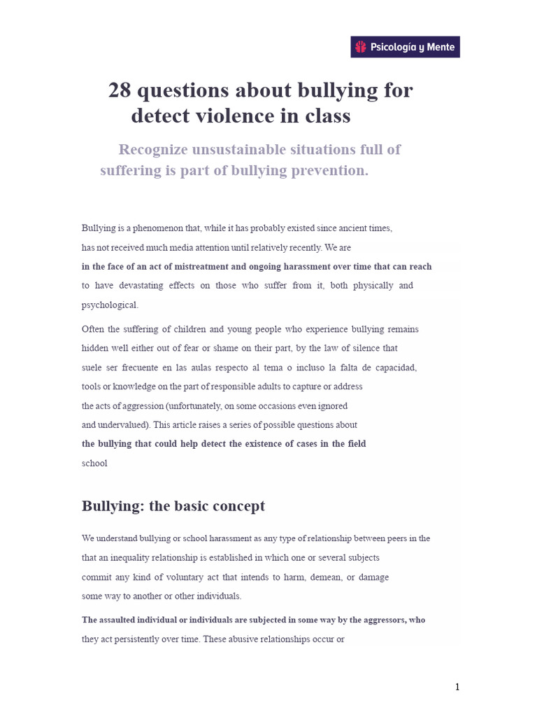 28 Questions to Detect School Bullying | PDF | Bullying | Cyberbullying