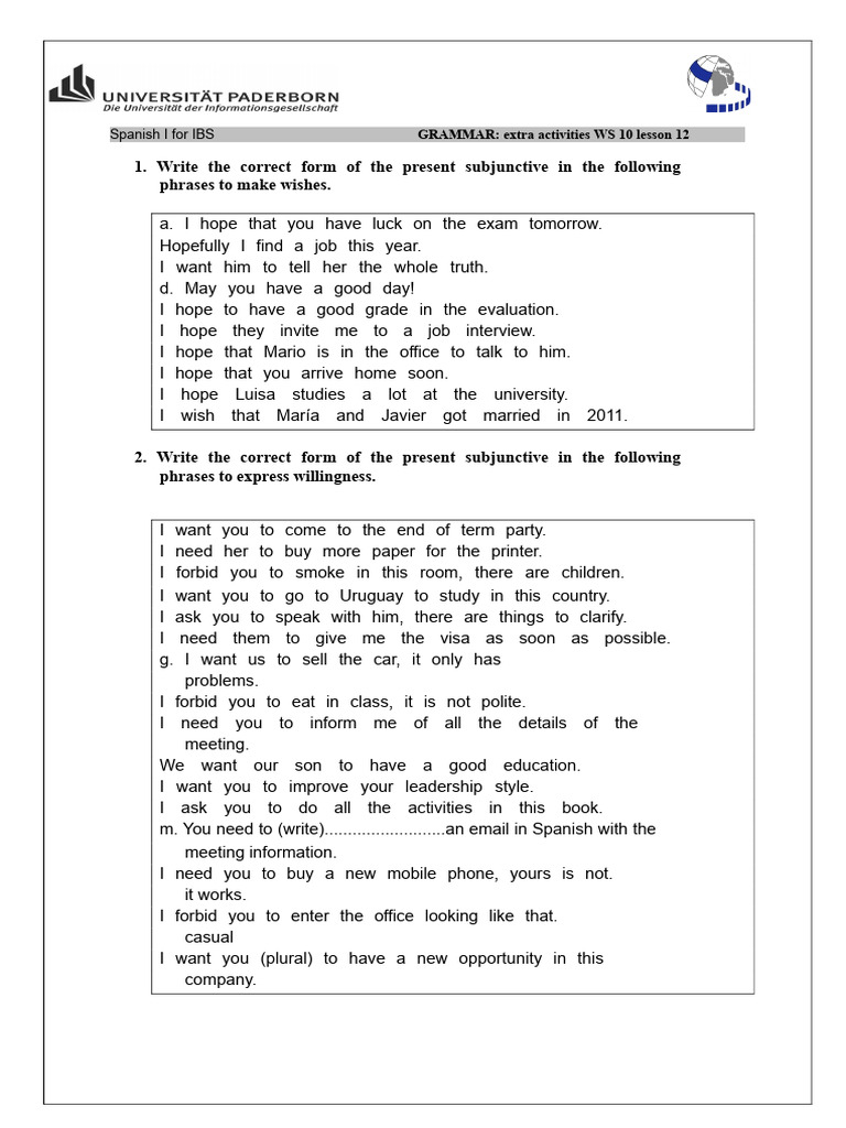 Spanish I Subjunctive Practice Activities | PDF | Linguistic Morphology ...
