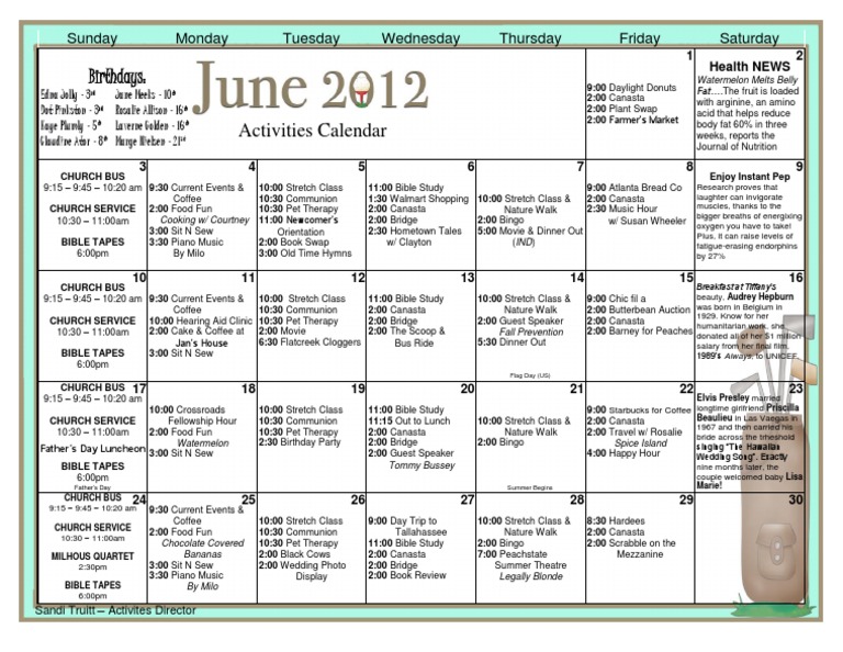 June Activities Calendar | Download Free PDF | Food And Drink | Foods