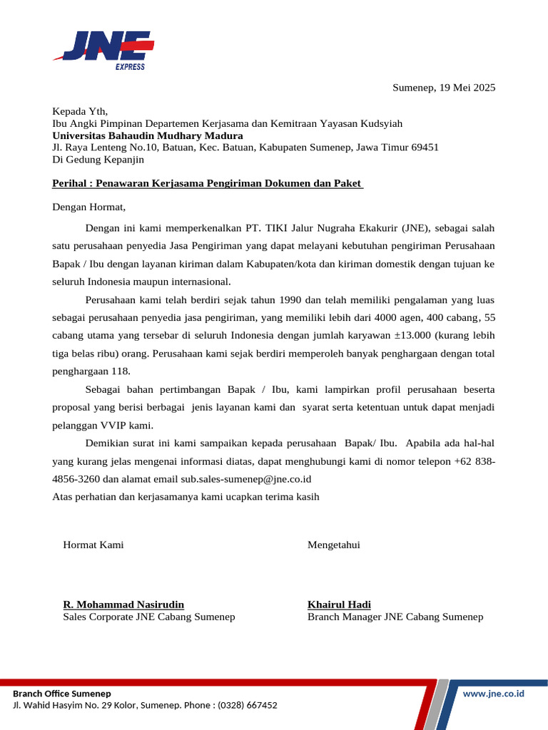 Penawaran Kerjasama Jasa Pengiriman JNE | PDF
