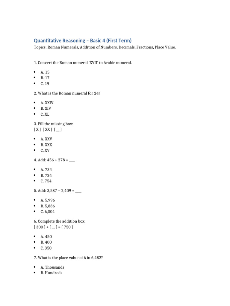 Quantitative Reasoning Basic4 Term1 With Options | PDF | Decimal | Odds