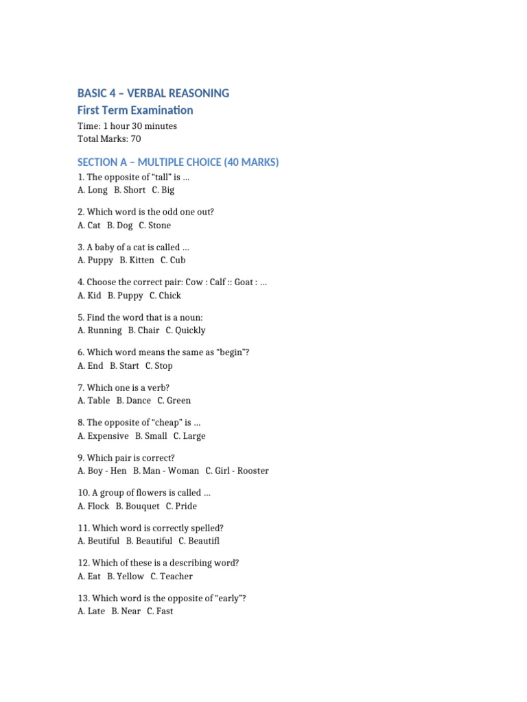 Verbal Reasoning Exam: Basic 4 | PDF