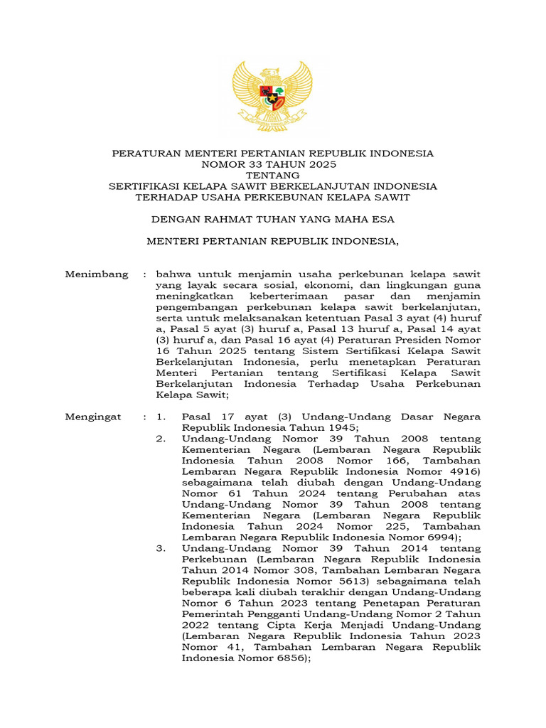 Permentan 33 2025 TTE ISPO | PDF