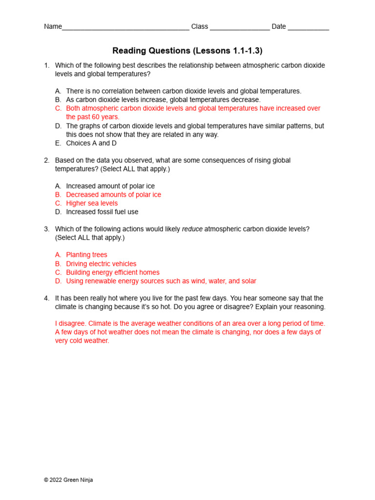 Examining Evidence of Climate Change Reading Questions Key For Lessons 1.1 1.3 | PDF