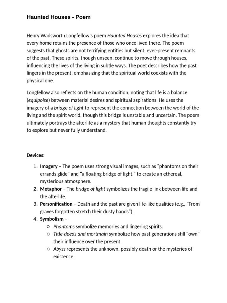 Longfellow's Haunted Houses Poem Analysis | PDF | Ghosts | Poetry