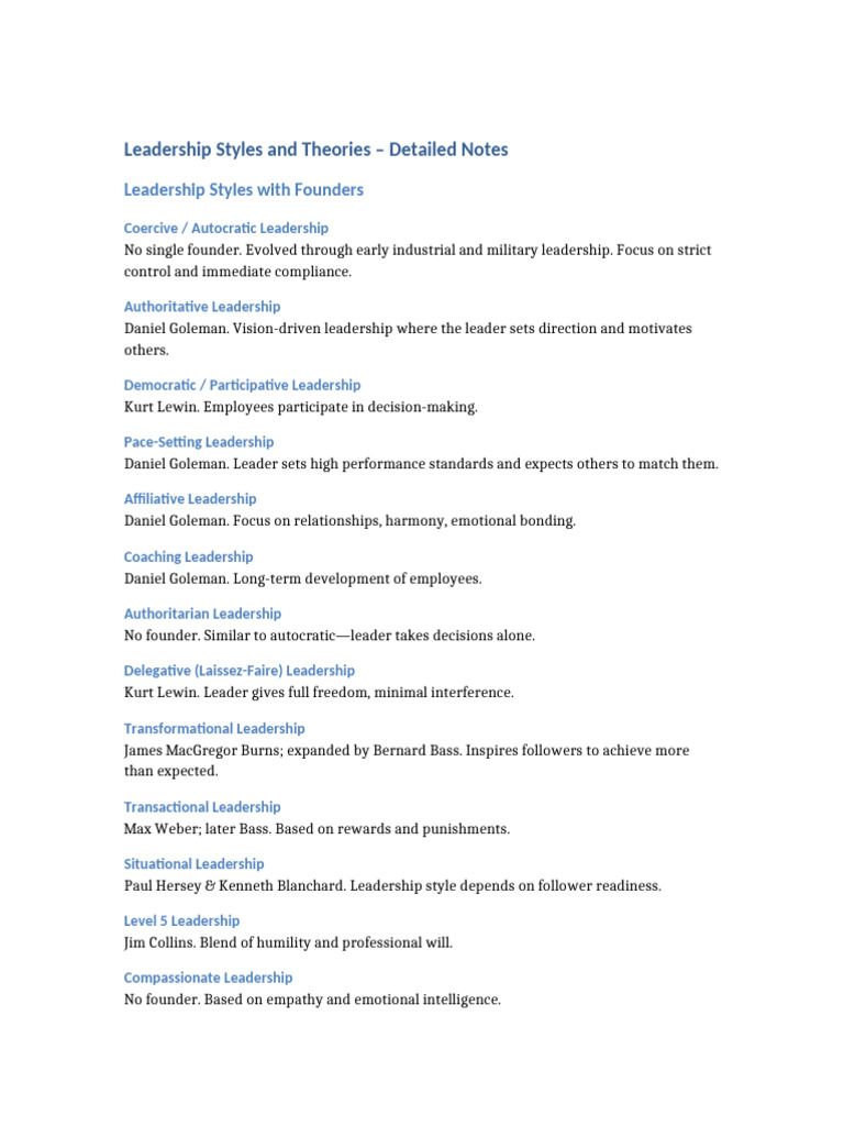 Leadership Styles and Theories Overview | PDF | Leadership | Scientific ...