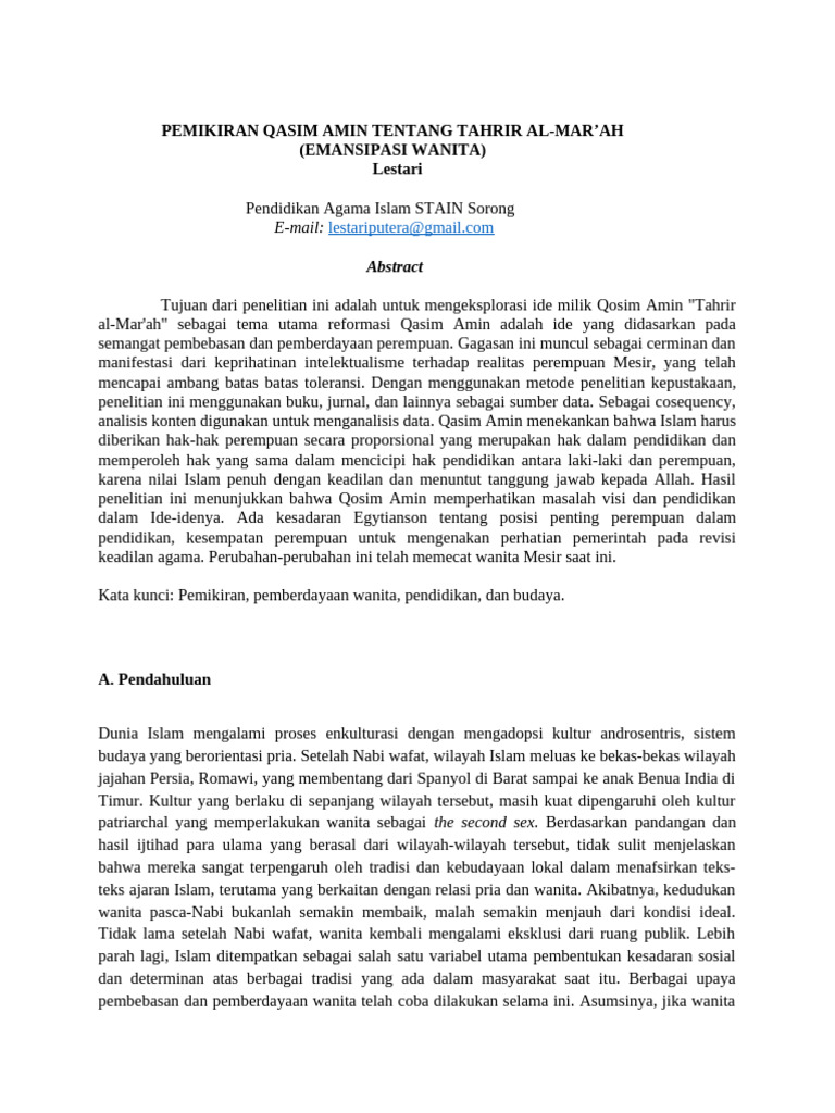 Pemikiran Qasim Amin tentang Emansipasi Wanita | PDF