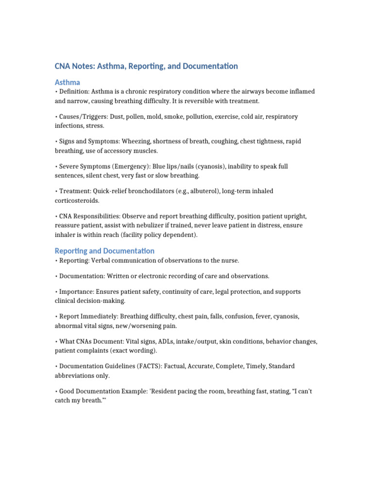 CNA Notes Asthma Reporting Documentation | PDF
