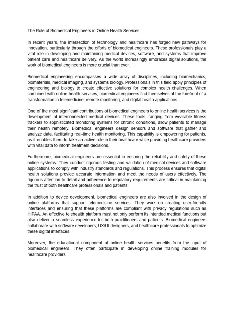 The Role of Biomedical Engineers in Online Health Services | PDF ...