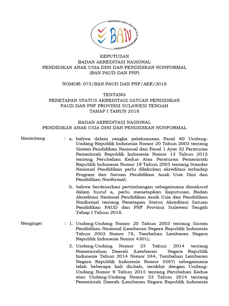 Penetapan Status Akreditasi Satuan Pendidikan PAUD - 1537193752 | PDF