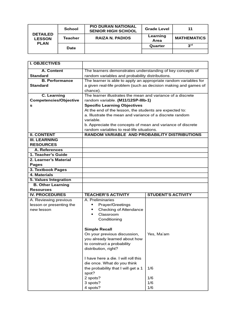 DLP in Stat and Prob 11 | PDF | Probability Distribution | Variance