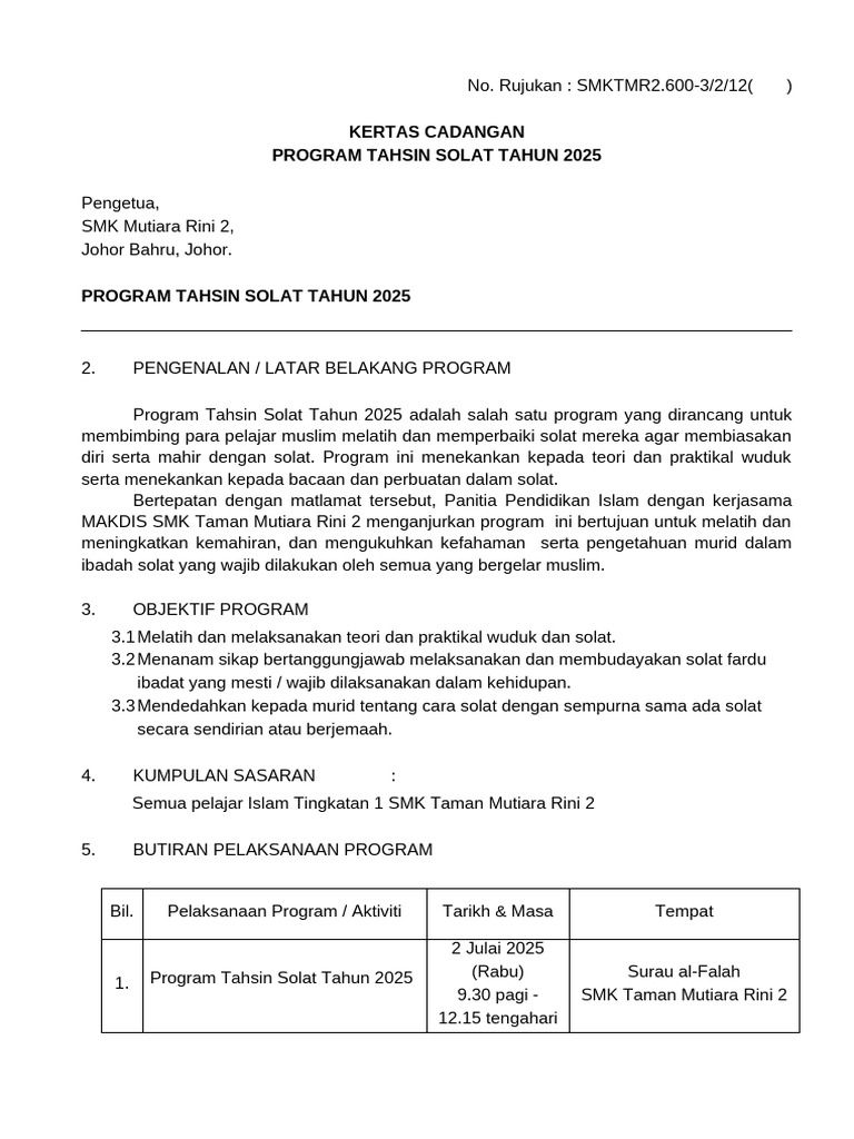 Program Tahsin Solat 2025 di SMK Mutiara Rini 2 | PDF