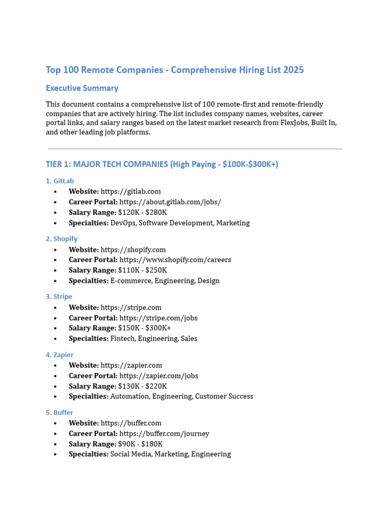 Top 100 Remote Companies Hiring 2025 | PDF | Financial Technology ...