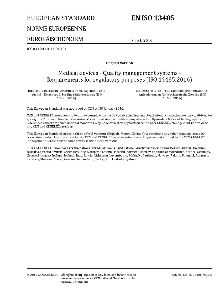 EN ISO 13485 - 2018 Medical Devices - Quality Management Systems ...