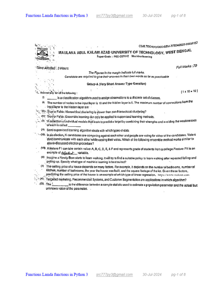 Machine Learning MAKAUT Qs 18-July-2025 SRC.docx | PDF