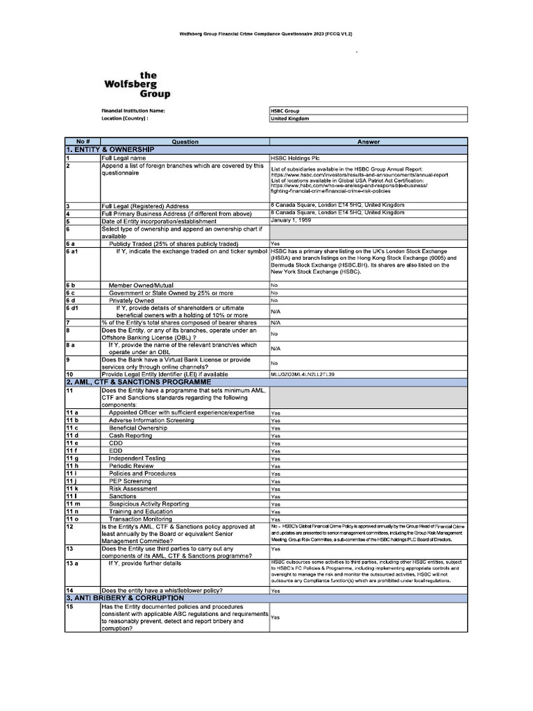 HSBC Wolfsberg Questionnaire | PDF