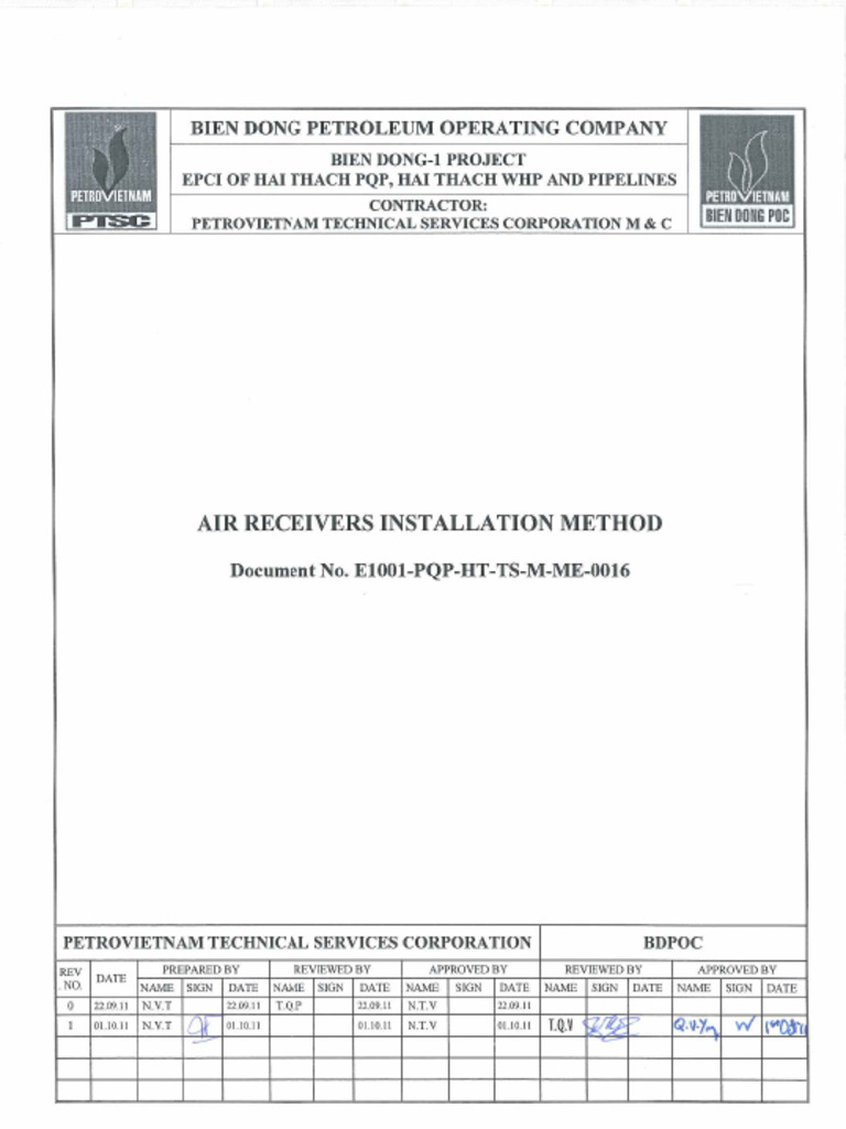 E1001 PQP HT TS M ME 0016 - 1 Air Receivers Installation Method | PDF