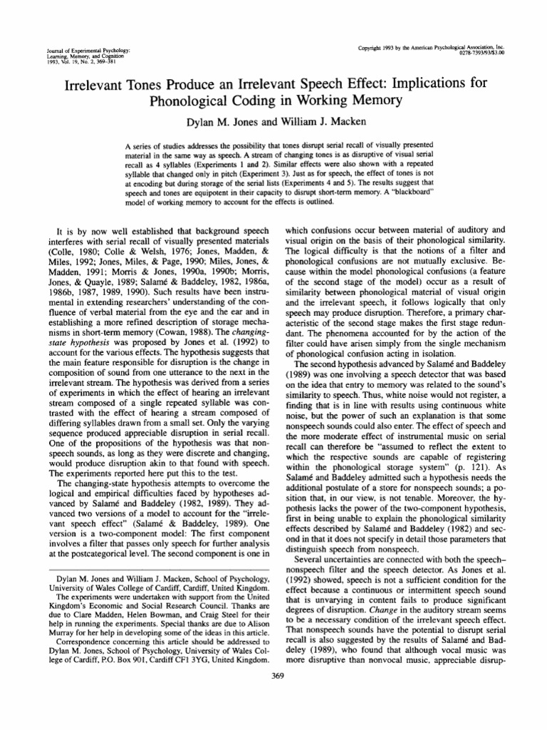 Jones 1993 | PDF | Recall (Memory) | Experiment